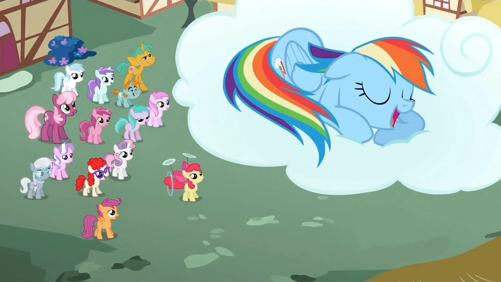 Image - Crowd of ponies watch Rainbow Dash sleep S2E6.png | My Little ...