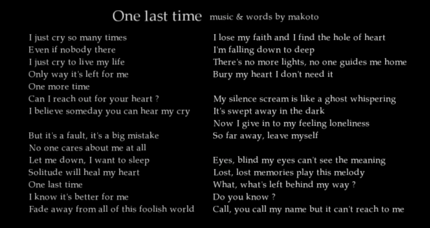 One last time | Vocaloid Lyrics Wiki | FANDOM powered by Wikia